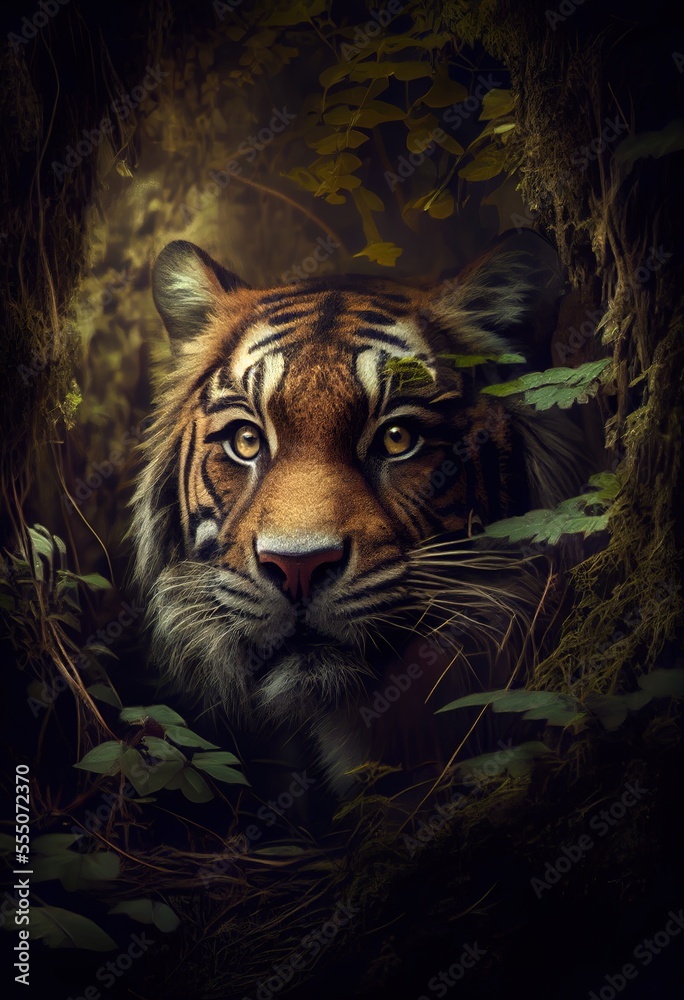 Photorealistic portrait of the tiger hiding in the jungle foliage ...