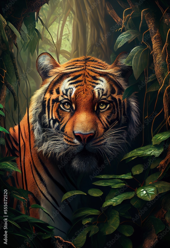 Photorealistic portrait of the tiger hiding in the jungle foliage ...