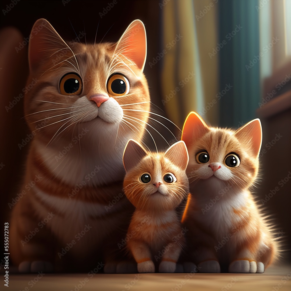 ภาพประกอบสต็อก Adorable cats family in cartoon style. Generative art ...