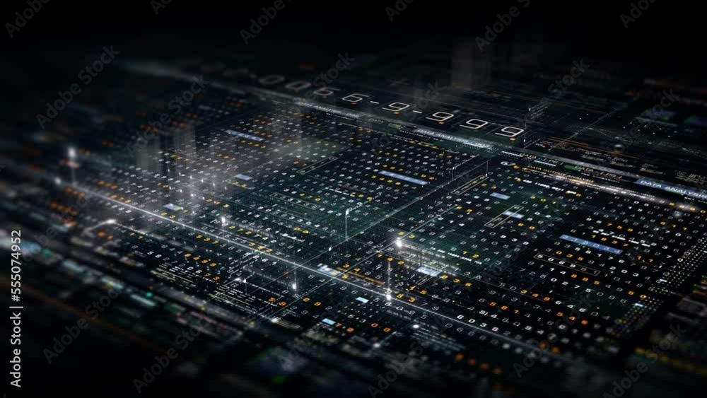 Futuristic abstract de-focus flowing data matrix, meta, metaverse, telemetry and encrypt numbers ...
