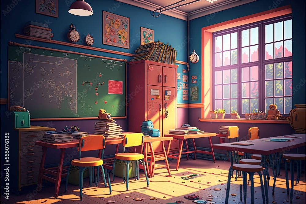 Generative AI; Cartoon Classroom, colorful and bright classroom ...