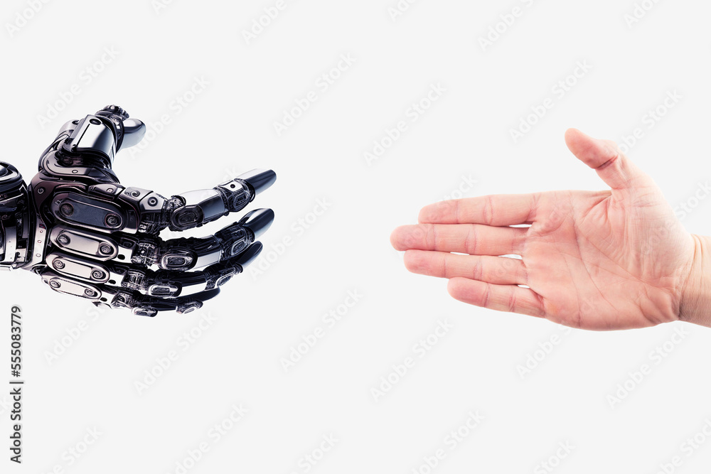 Robot hand reaches out to the human hand. Handshake of a cyborg and a ...