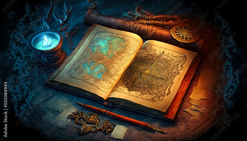Fantasy background with ancient magic book and map Stock Illustration ... Fantasy background with ancient magic book and map Stock Illustration ...