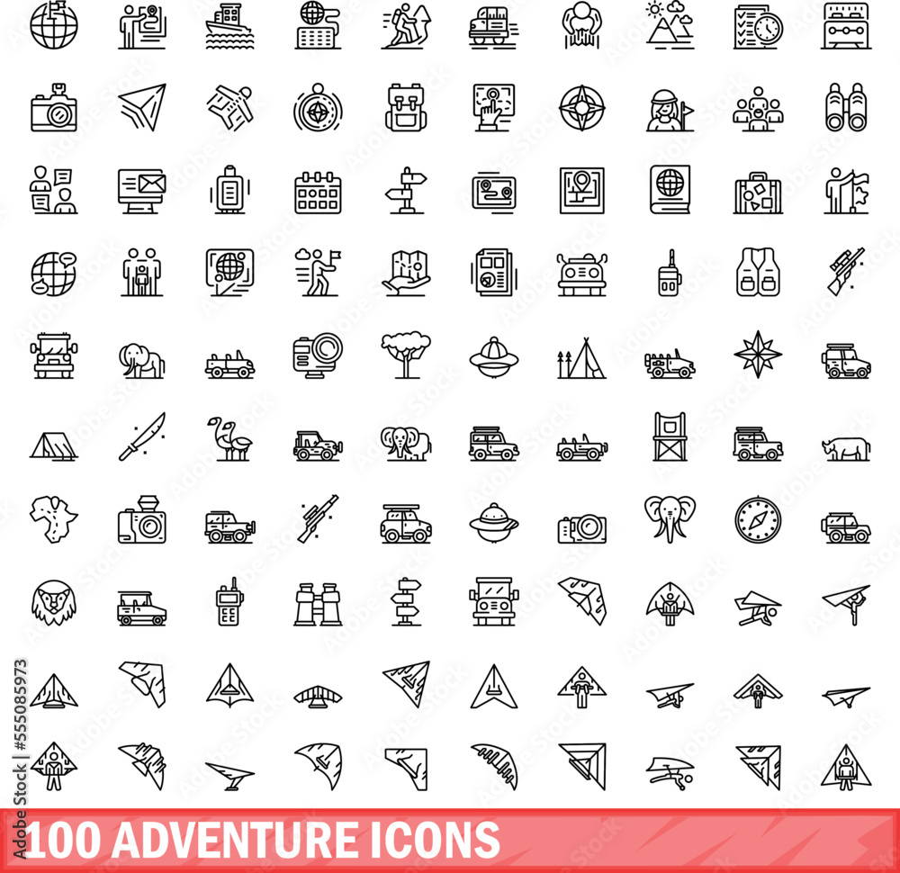 100 adventure icons set. Outline illustration of 100 adventure icons ...