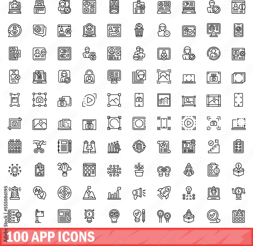 100 app icons set. Outline illustration of 100 app icons vector set ...