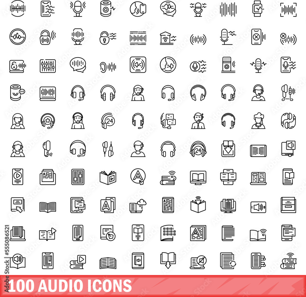 100 audio icons set. Outline illustration of 100 audio icons vector set ...