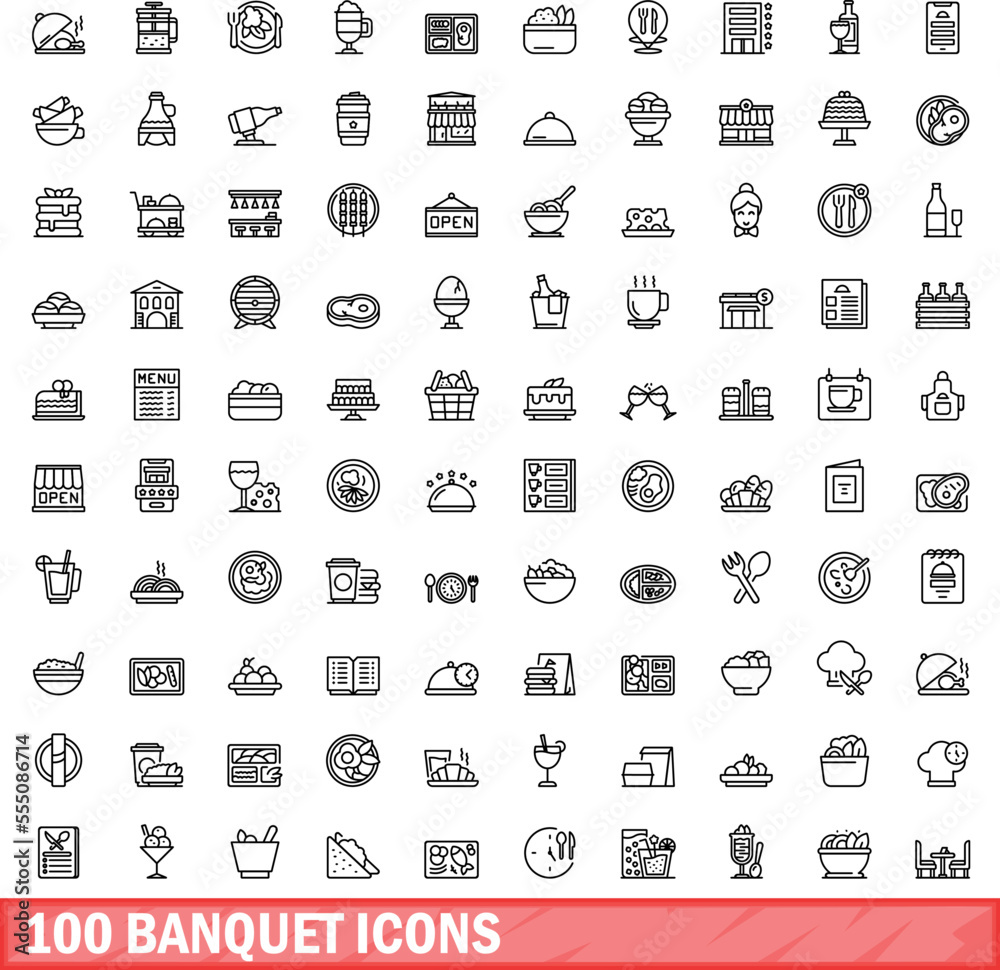 100 banquet icons set. Outline illustration of 100 banquet icons vector ...