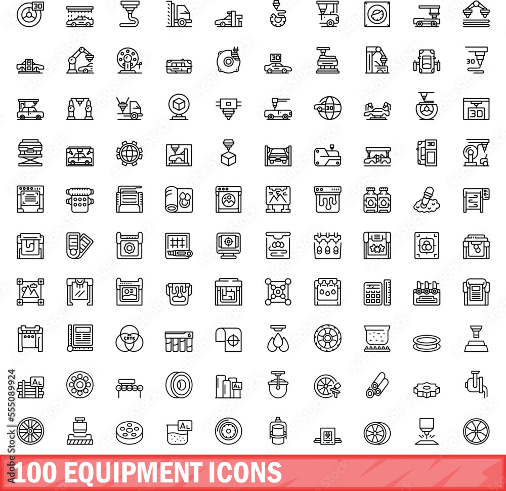 100 equipment icons set. Outline illustration of 100 equipment icons ...