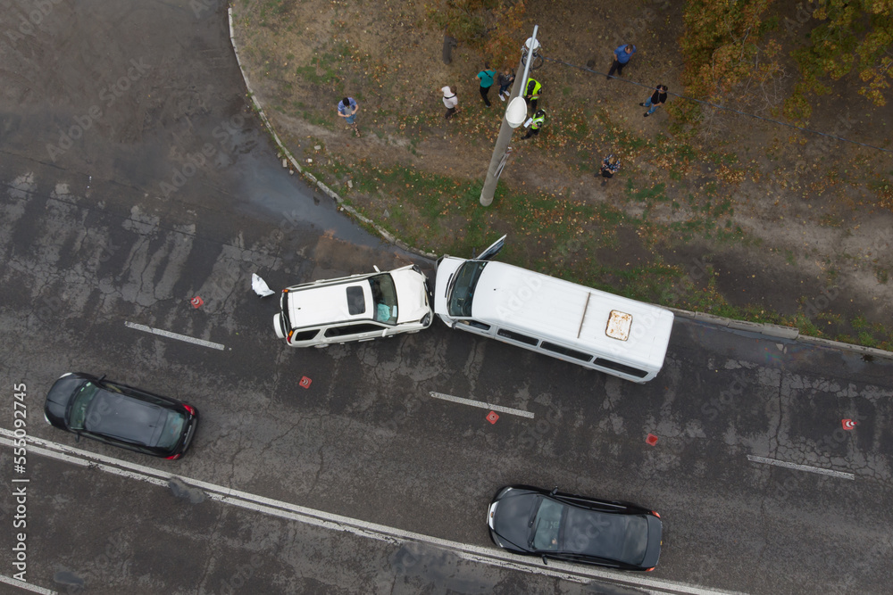 Severe accident. Car accidents. View from above. Accident, head-on ...