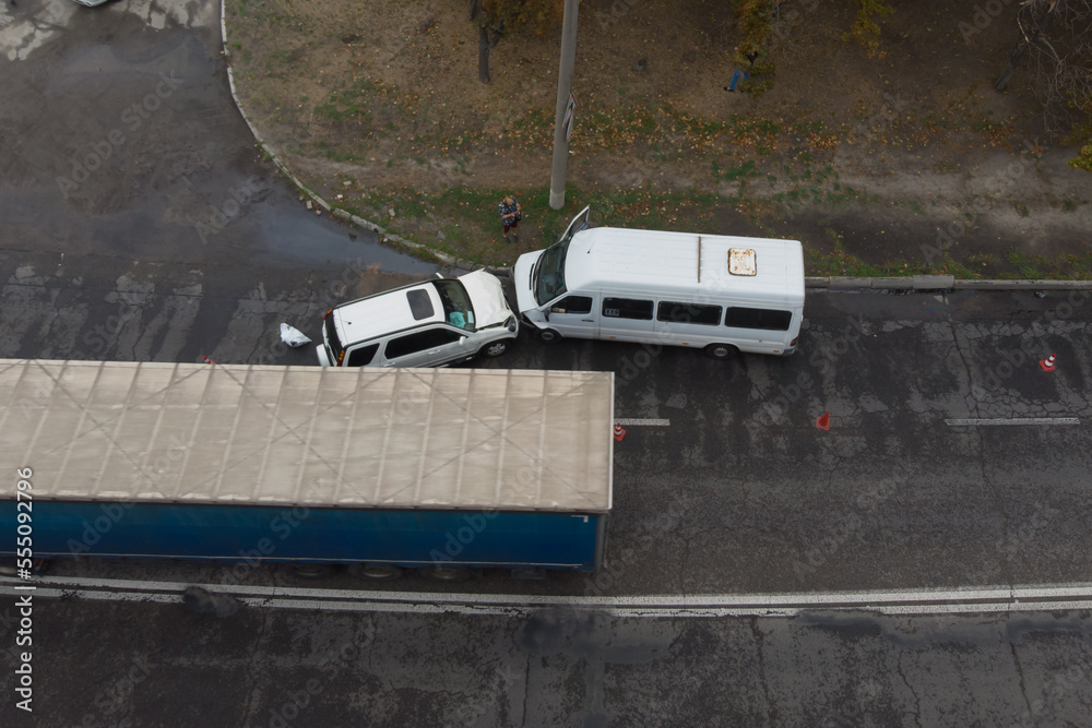 Severe accident. Car accidents. View from above. Accident, head-on ...