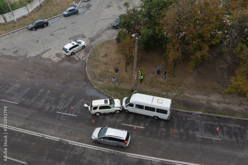 Severe accident. Car accidents. View from above. Accident, head-on ...