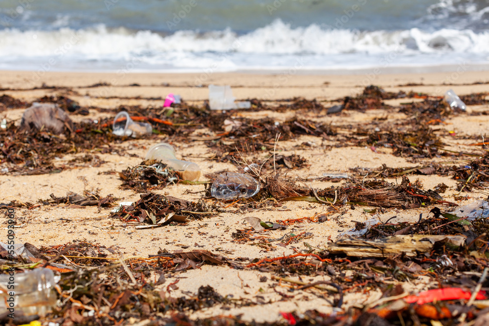 Garbage on sea sand beach, unsorted rubbish, plastic bags, glass bottle ...