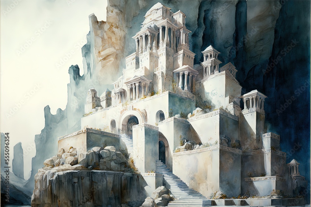 Illustration of a dwarf stone city on the side of mountain with thick ...