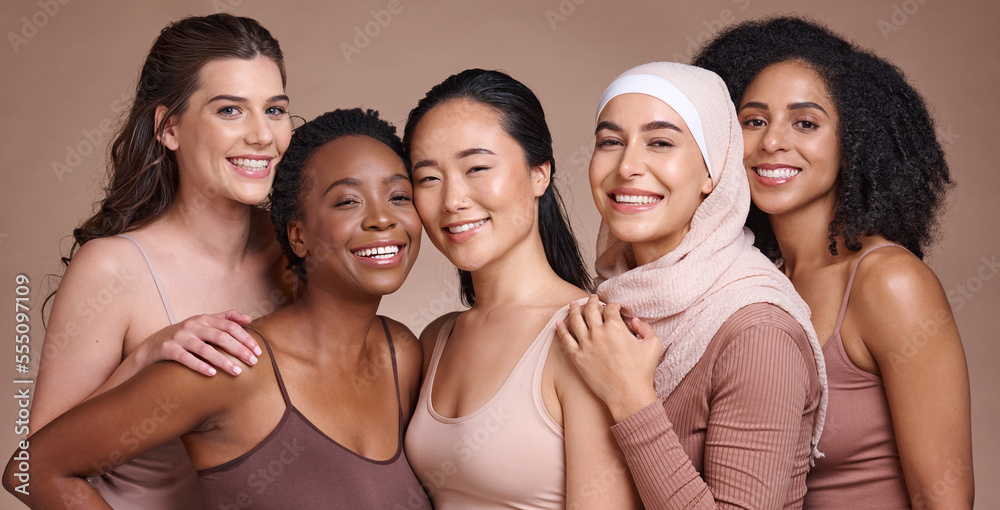 Diversity, women and beauty with skincare and portrait, smile and happy ...