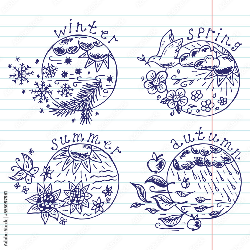 Seasons set. Four seasons icons Hand drawn doodles. Times of year ...
