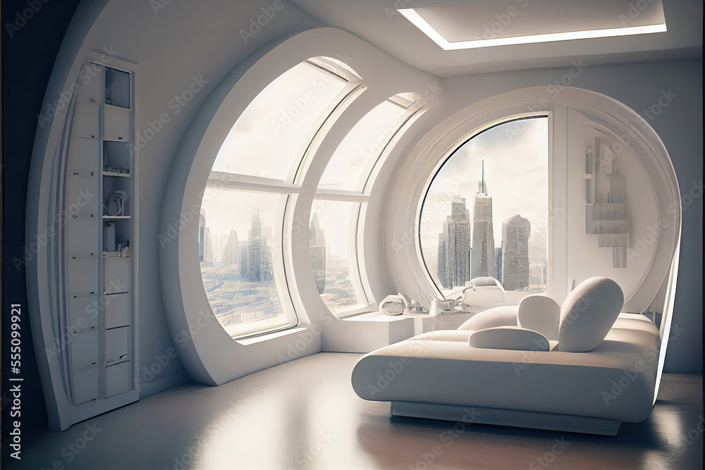 modern futuristic white living room with big windows, view to an ...