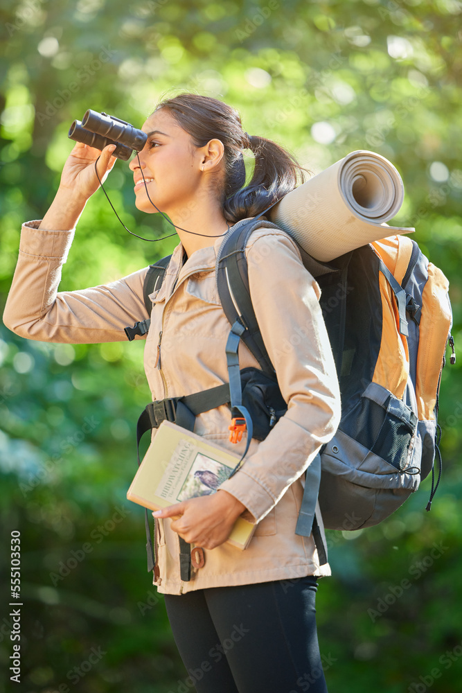 Adventure, hiking and woman trekking in nature, bird watching and ...