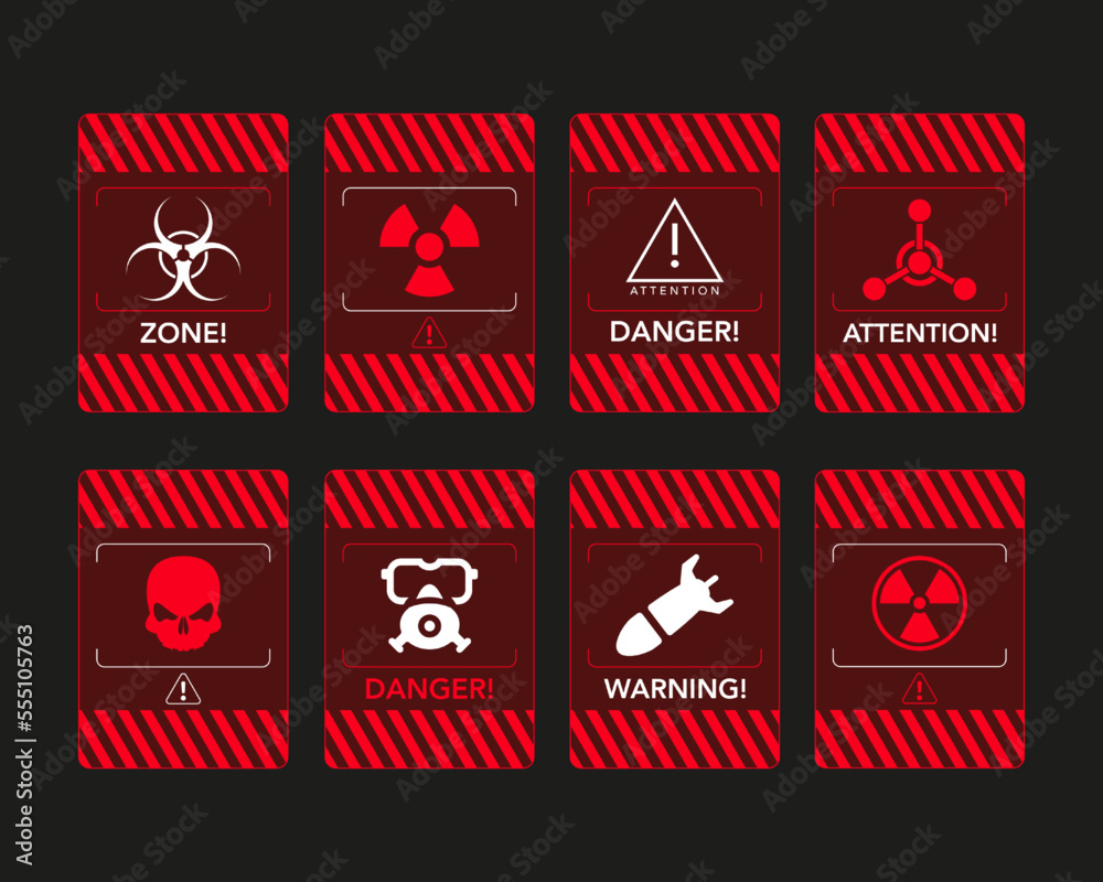 Red warning windows about radiation hazard. High voltage and nuclear ...