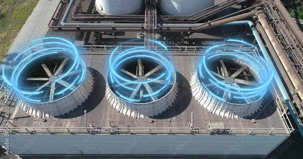 Industrial cooling towers with futuristic graphics. A futuristic shot ...