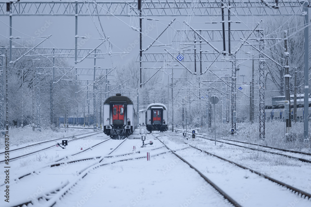 SNOWY WINTER ON THE RAILWAY - Wagons of a passenger train on a snow ...