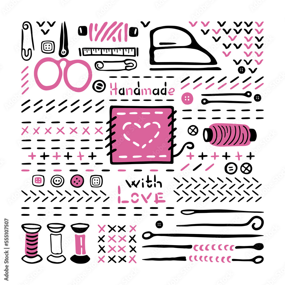 Stitches, buttons and sewing tools set. Black and white logo. Hand ...