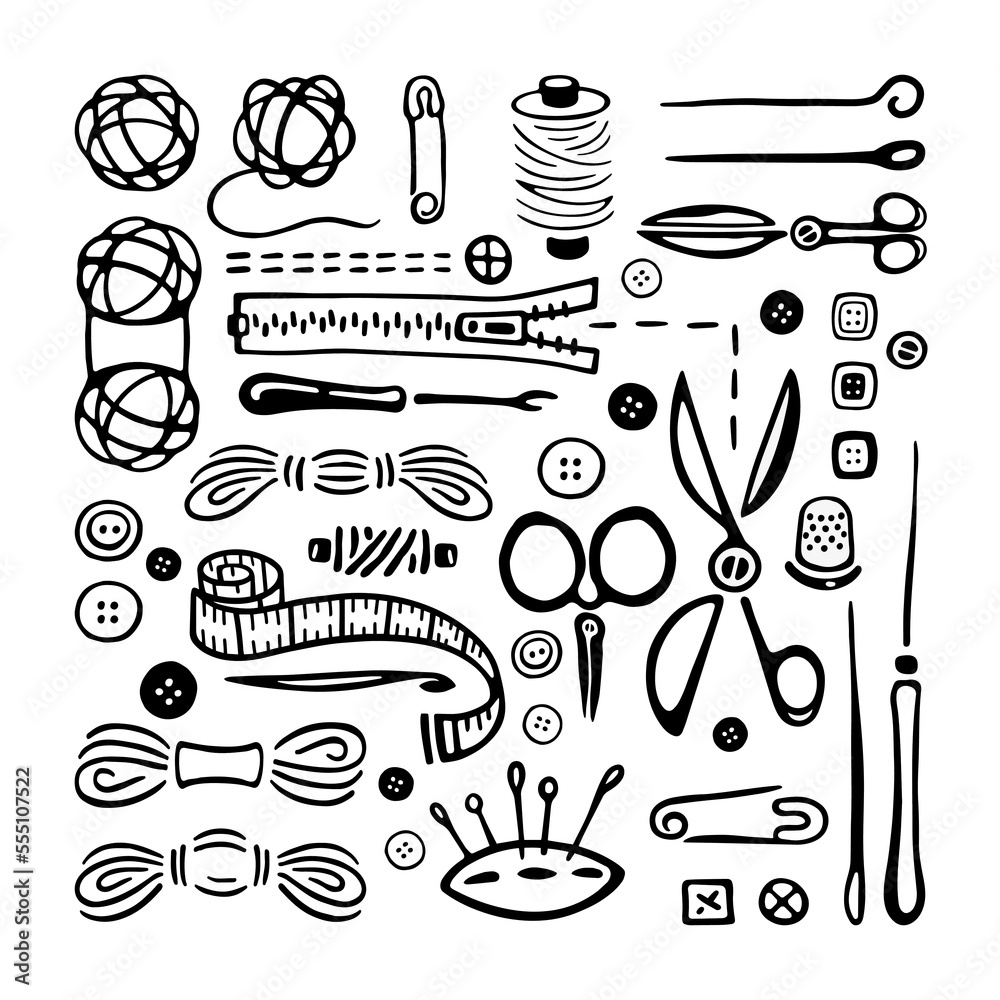 Tailor tools big set. Black and white logo. Hand drawn icons collection ...