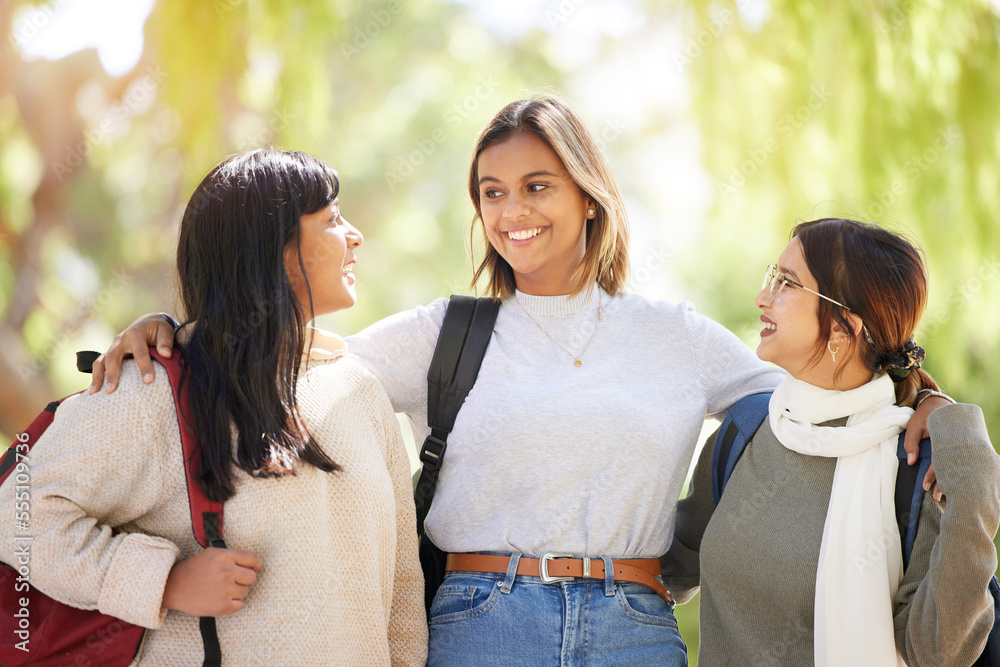 Nature, friends and students in university garden on campus walking ...