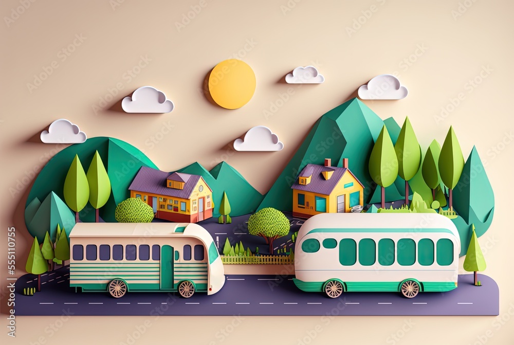 paper craft style illustration of public bus transportation Stock ...