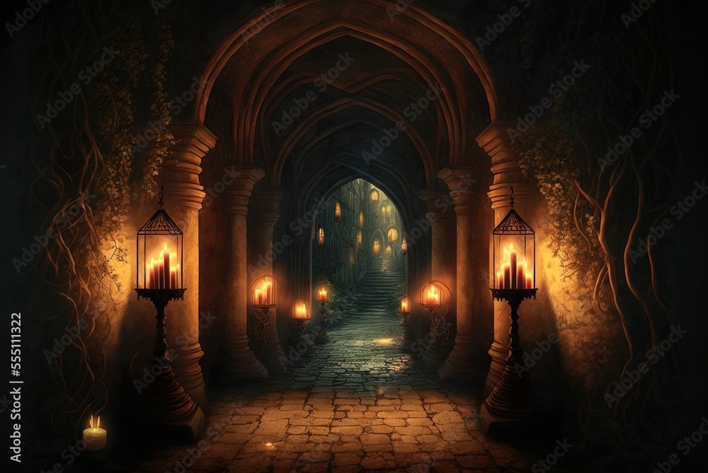 Underground passageway like a medieval castle, complete with candles ...