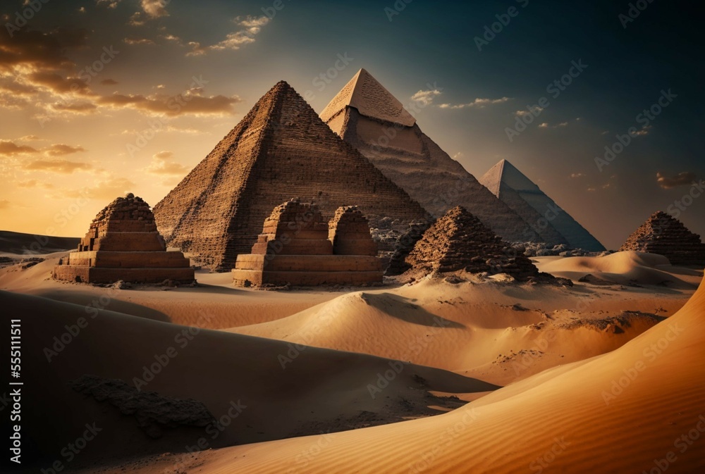 3D illustration image of pyramids and Egyptian architecture, uniquely ...