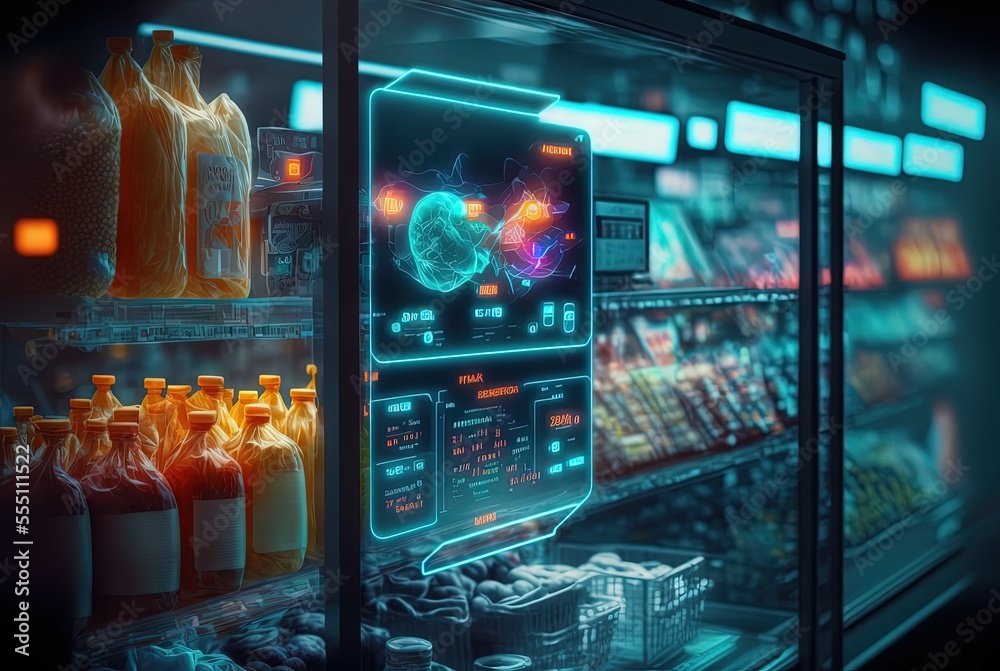 illustration of cyber interface in supermarket , machine, idea for ...