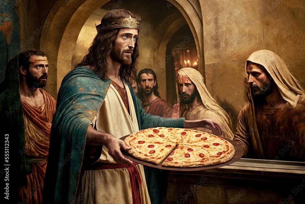 Illustration Of Jesus Christ Is Holding Pizza Tray With Other