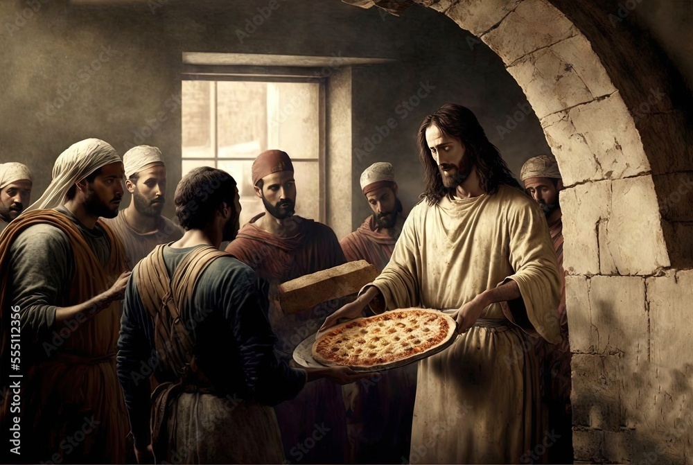 illustration of Jesus Christ is holding pizza tray with other ...