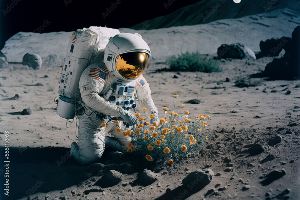 Happy astronaut standing with raised hands surrounded by flowers Stock ...