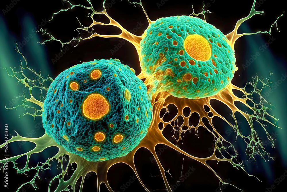 human cells under microscope affected by cancerous tumor, medical ...