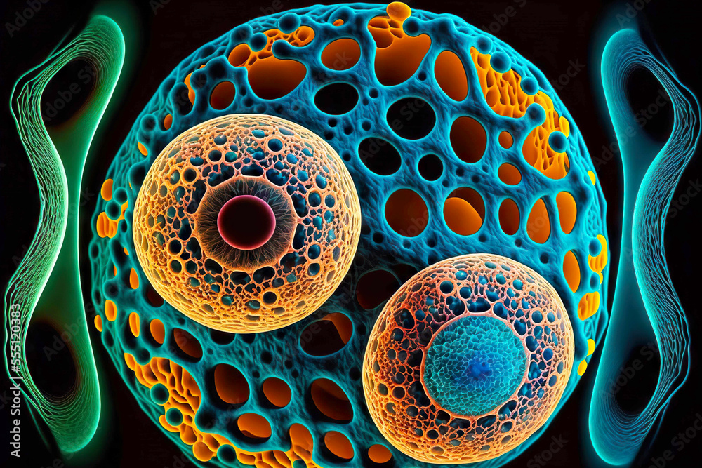 human cells under microscope affected by cancerous tumor, medical ...