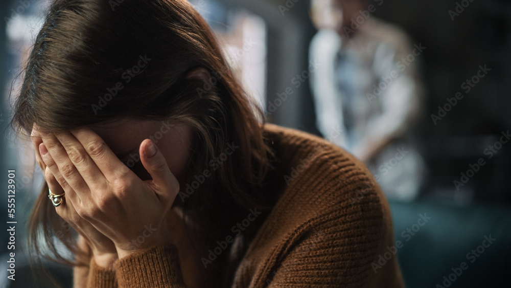 Portrait of Crying Woman Covering Her Face with Hands, being Harrased and Bullied by Violent ...
