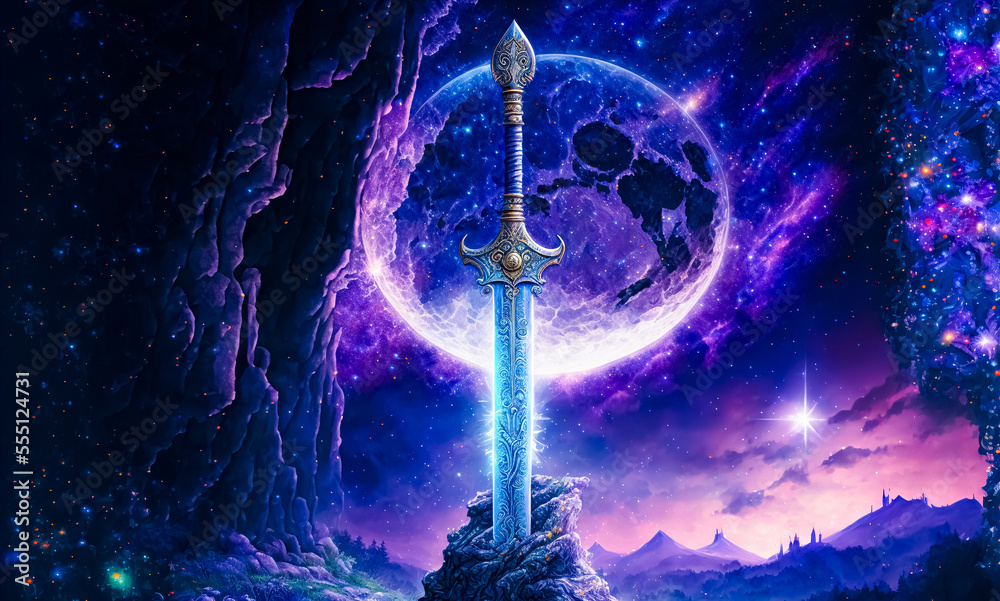 Fantasy background with a sword in a stone with light rays on the ...
