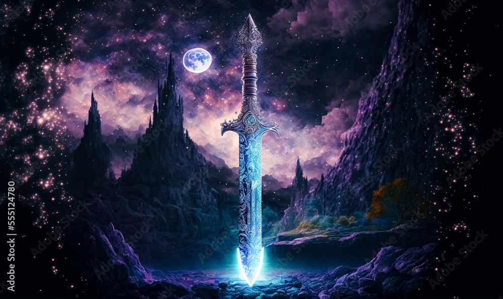 Fantasy background with a sword in a stone with light rays on the ...