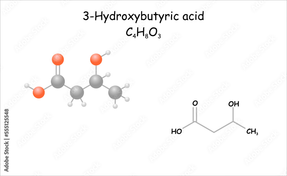 Stylized molecule model/structural formula of 3-Hydroxybutyric acid ...