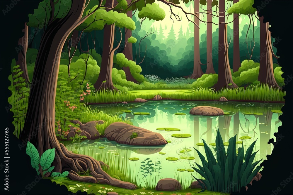 Summer natural scene with tree trunks and a pond or swamp on a cartoon ...