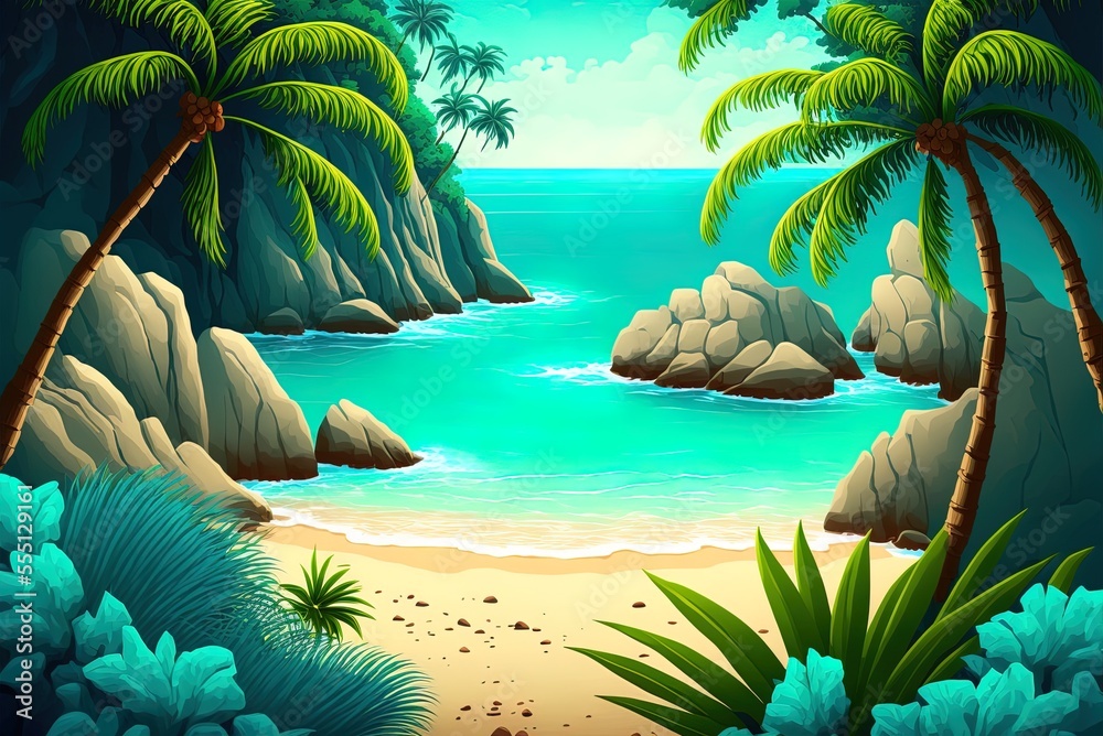 The shoreline of a tropical ocean, complete with palm palms and rocks ...