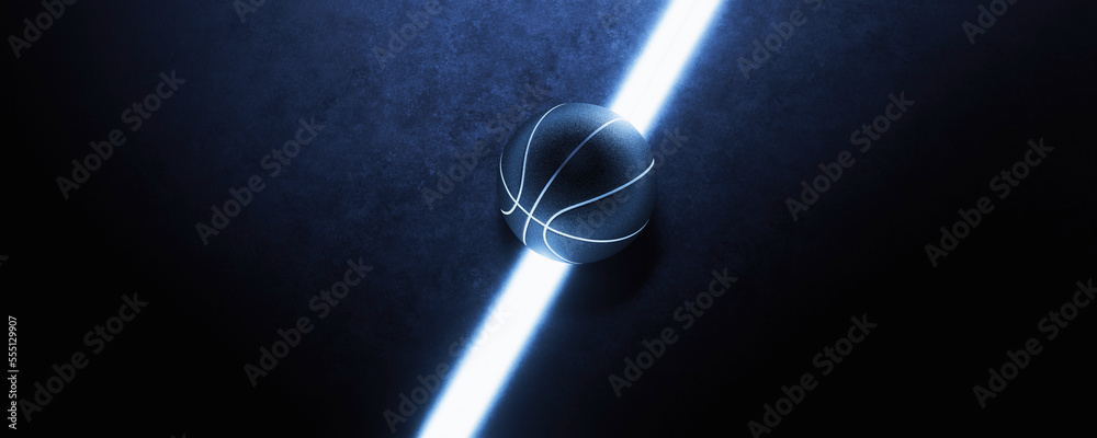 Basketball ball laying on bright glowing line, template background ...