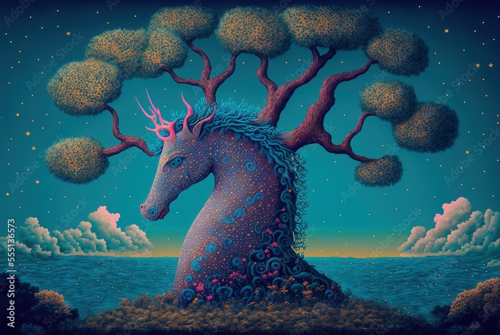 Mythical tree of life with its guardian horse protector forever bound ...