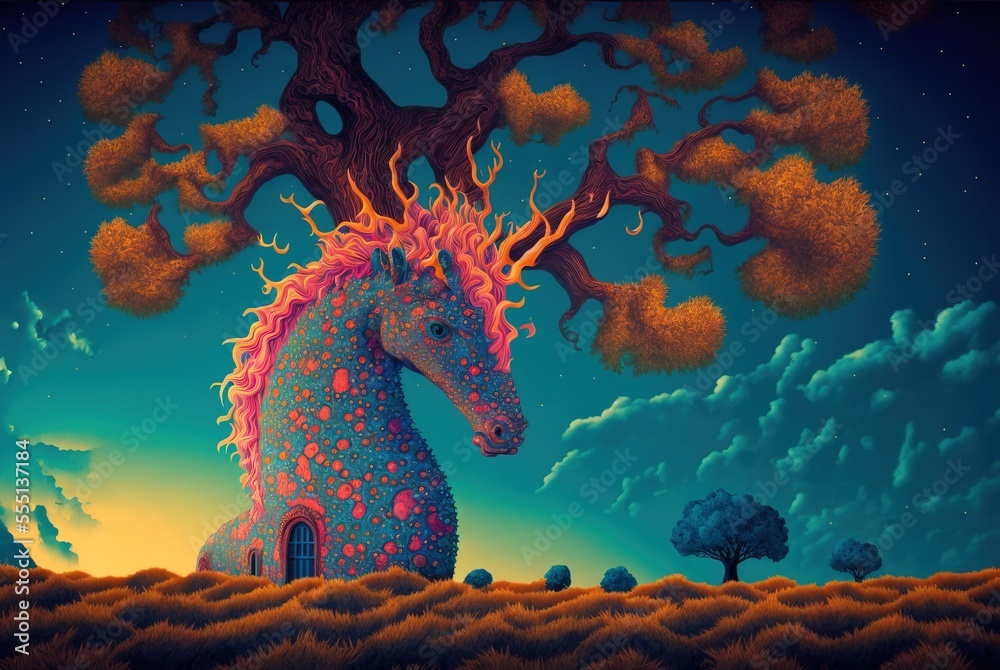 Mythical tree of life with its guardian horse protector forever bound ...