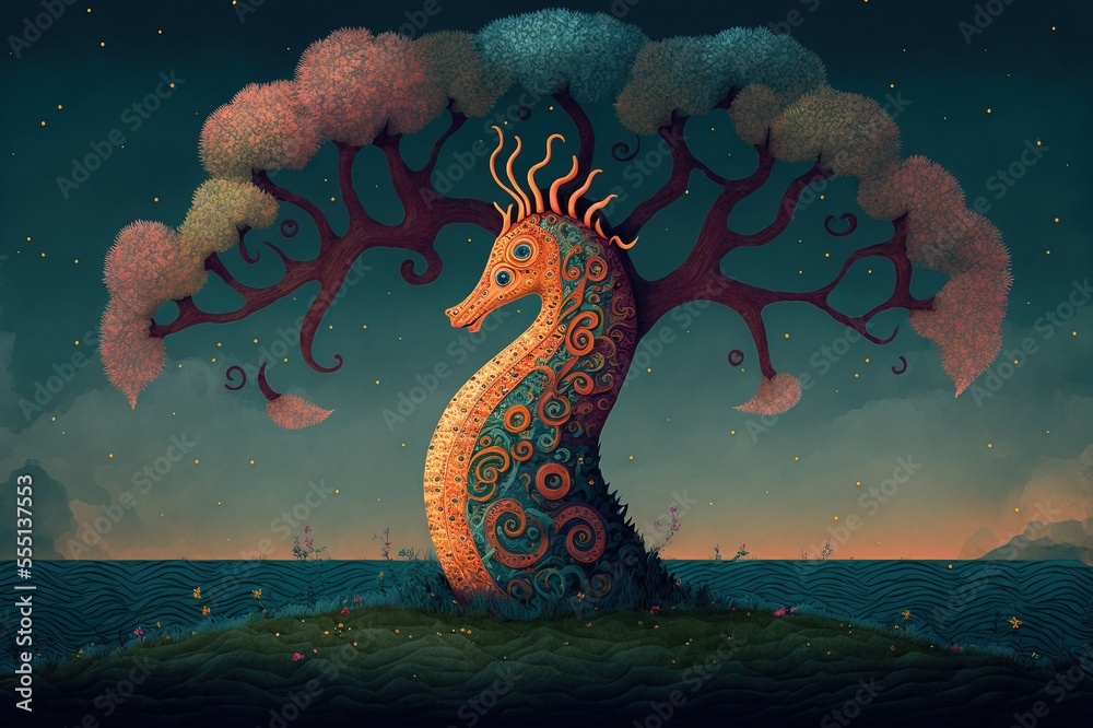 Mythical tree of life with its guardian horse protector forever bound ...