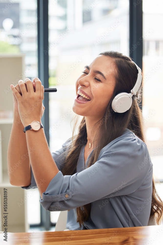 Woman, singing and listening to music with smile for streaming ...