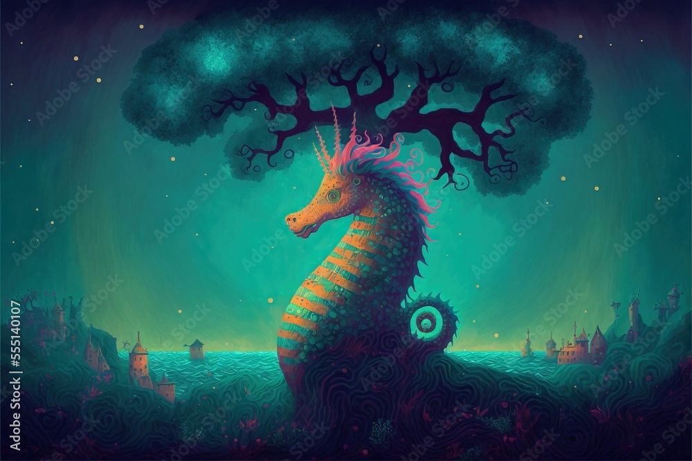 Mythical tree of life with its guardian horse protector forever bound ...