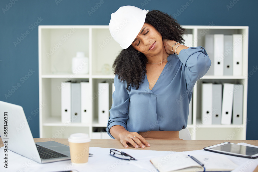 Architect, black woman and tired with neck pain in office from fatigue ...