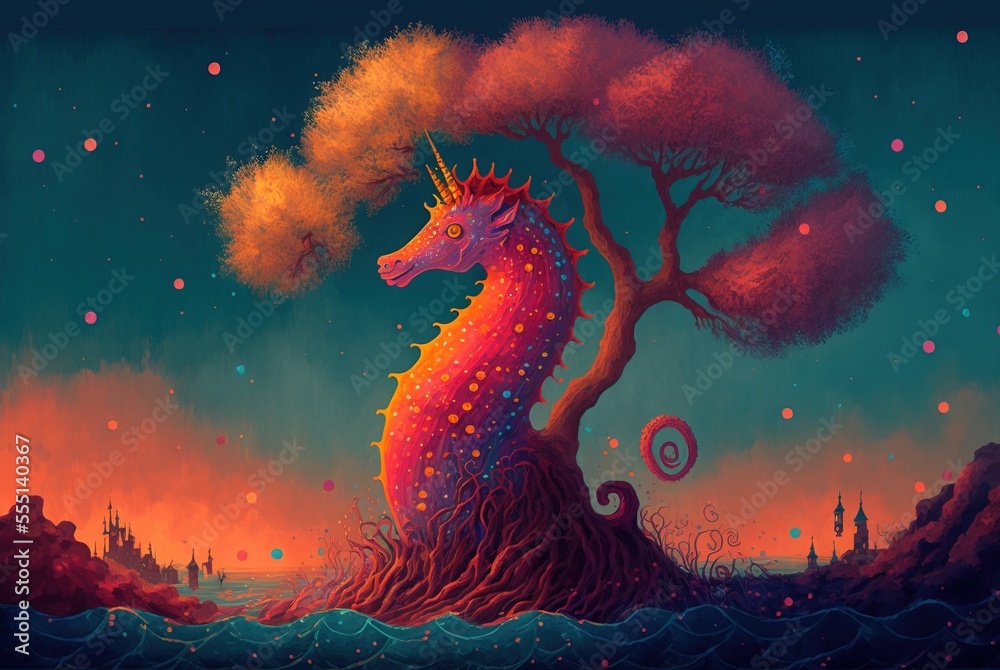 Mythical tree of life with its guardian horse protector forever bound ...